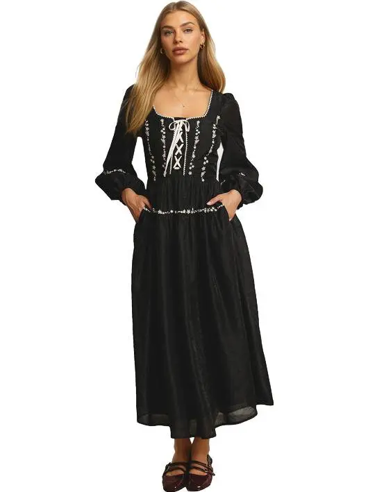 KNIT & LOUNGE Lace-up Embroidered Maxi Dress - Black