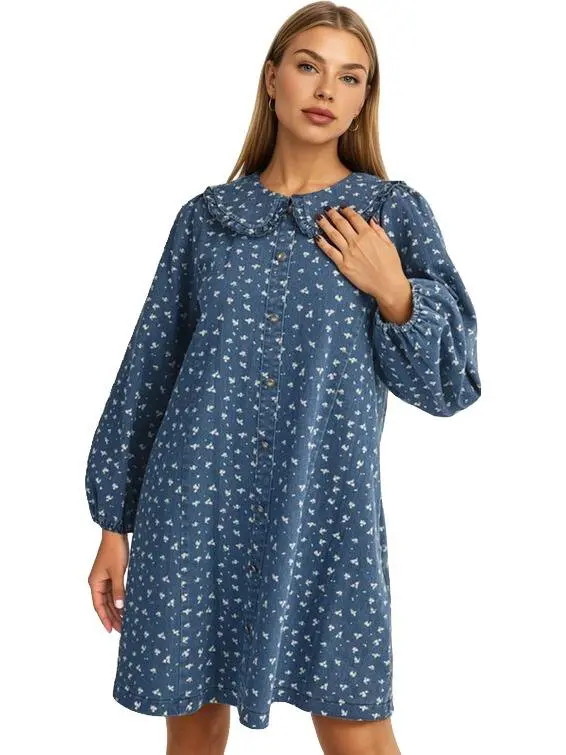 KNIT & LOUNGE Button-front Mini Dress With Ruffle Collar And Puff Sleeves - Blue/white Floral