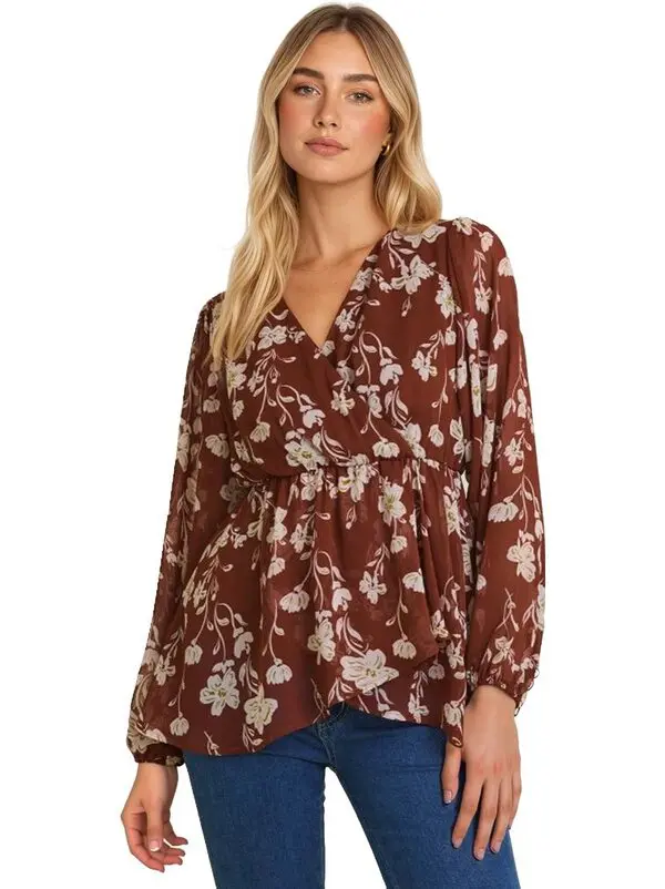 KNIT & LOUNGE Floral Empire Waist Wrap Blouse - Floral Brown