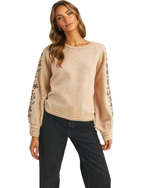 KNIT & LOUNGE Floral Embroidered Knit Sweater - Beige