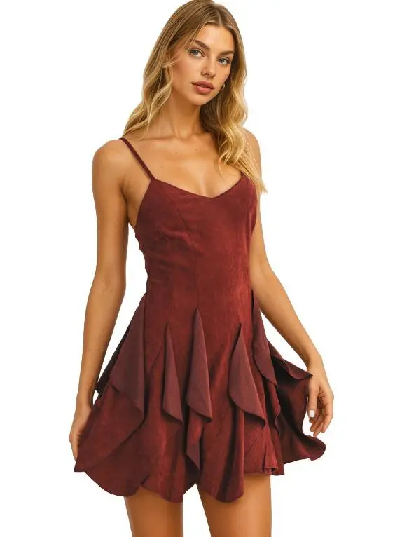 KNIT & LOUNGE Cascading Ruffle Hem Strappy Mini Dress - Burgundy