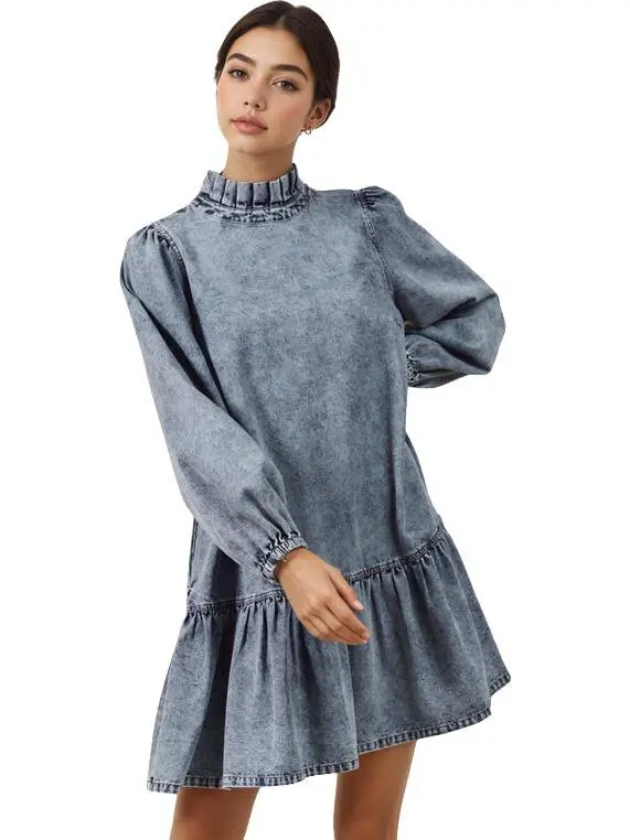 KNIT & LOUNGE Pleated Mock Neck Long Sleeve Ruffle Hem Denim Dress - Blue