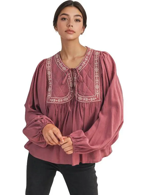 KNIT & LOUNGE Embroidered Yoke Tie Neckline Blouse - Mauve/dusty Pink
