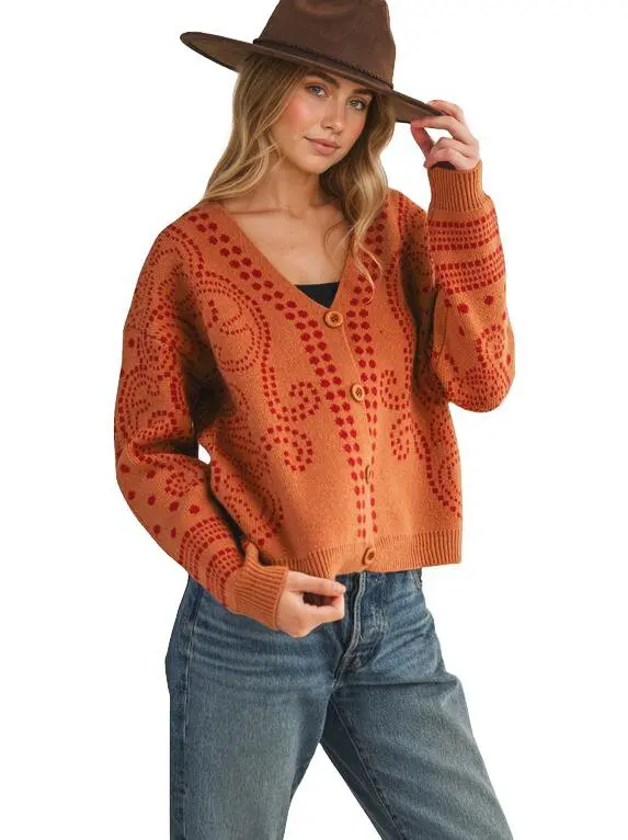 KNIT & LOUNGE Patterned Knit Cardigan - Orange-toned Brown