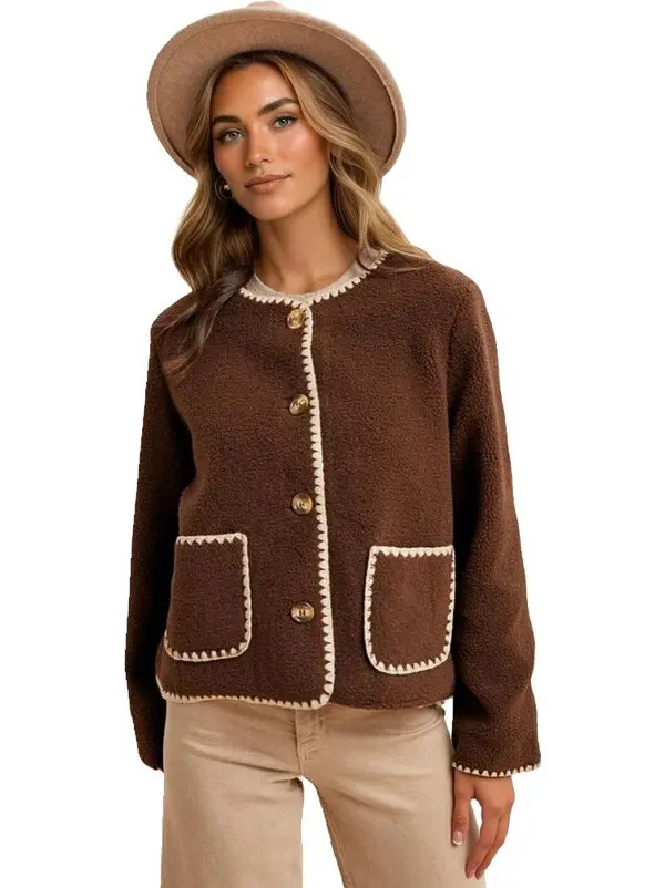 KNIT & LOUNGE Button-front Fleece Jacket With Contrast Trim - Brown