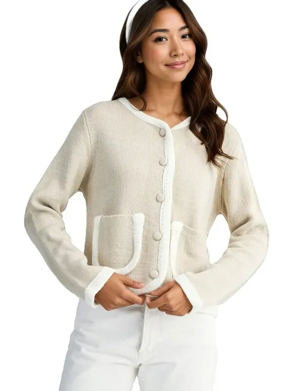 KNIT & LOUNGE Button-front Cardigan With Contrast Trim And Patch Pockets - Beige With White Trim