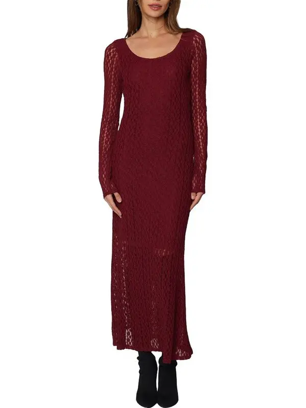 LOST + WANDER Sistine Tale Long Sleeve Open Stitch Maxi Dress - Merlot