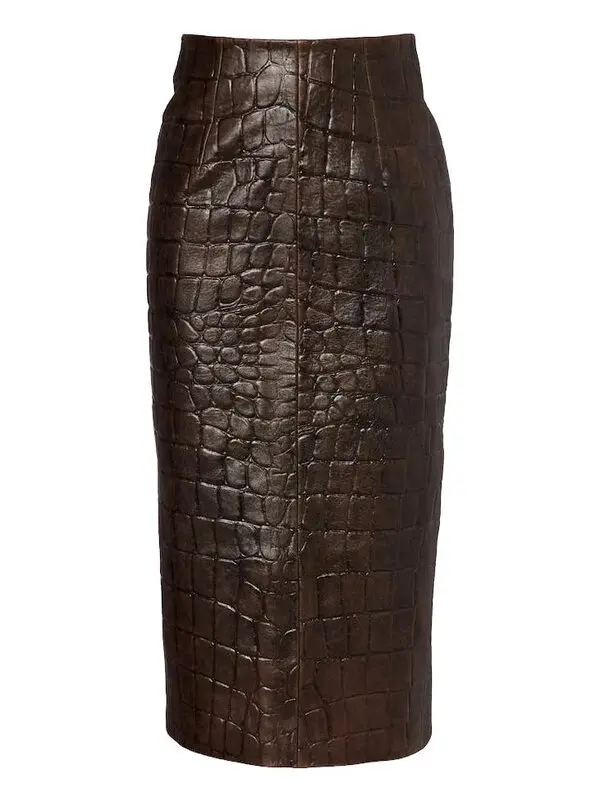 EMILIA WICKSTEAD Loretta Croc-effect Leather Pencil Skirt - Brown