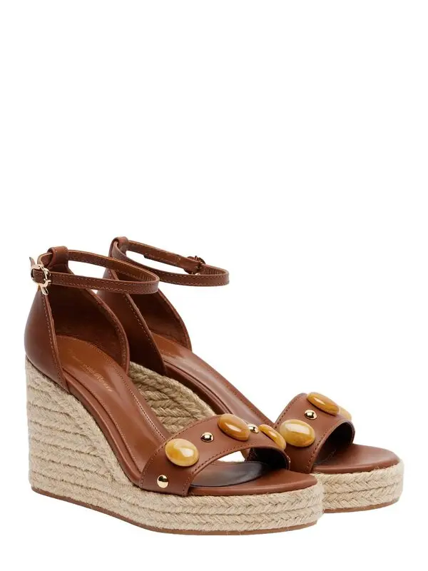 GIANVITO ROSSI Embellished Leather Espadrille Wedges - Brown