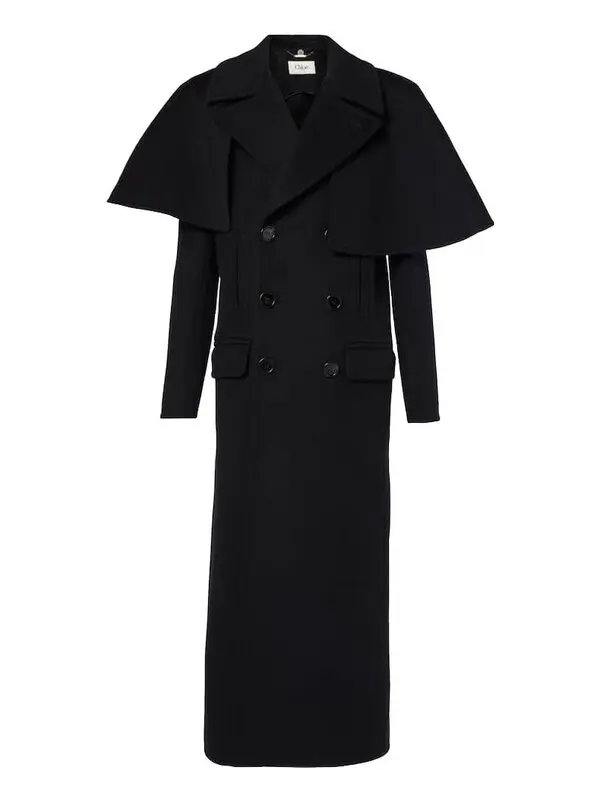 Chloé Belted Caped Double-breasted Wool Coat - Black