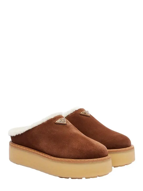Prada Shearling-trimmed Suede Platform Mules - Brown