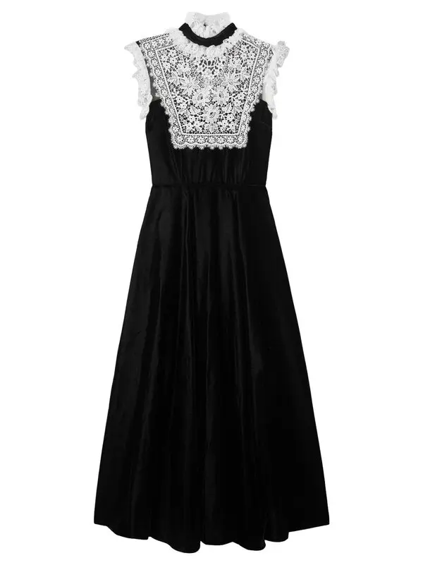 RODARTE Lace-trimmed Velvet Midi Dress - Black