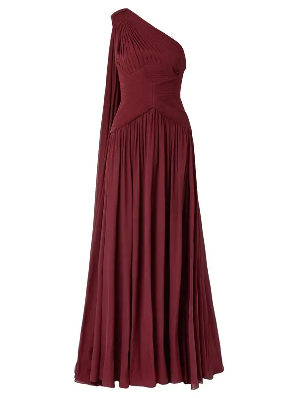 Elie Saab One-shoulder Draped Silk-georgette Gown - Burgundy