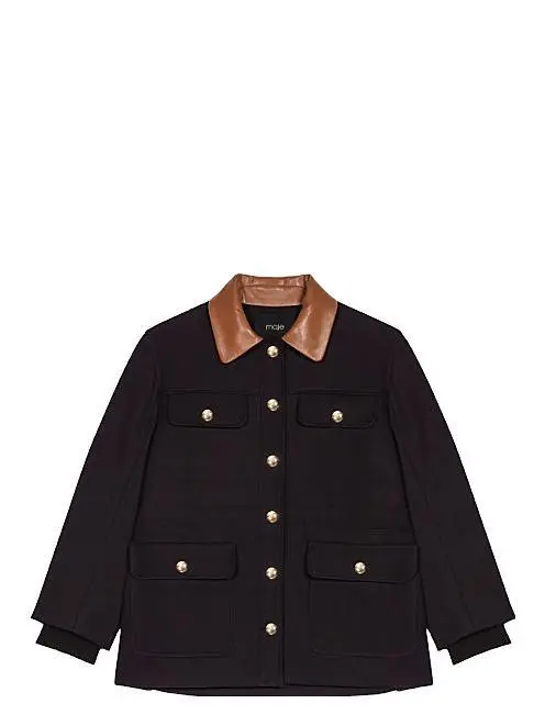 Maje Cotton Parka With Leather Collar - Black
