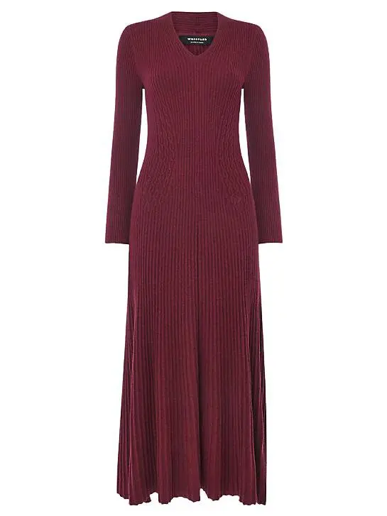 Whistles Ribbed Cotton And Cashmere Midi Dress - Plum/claret