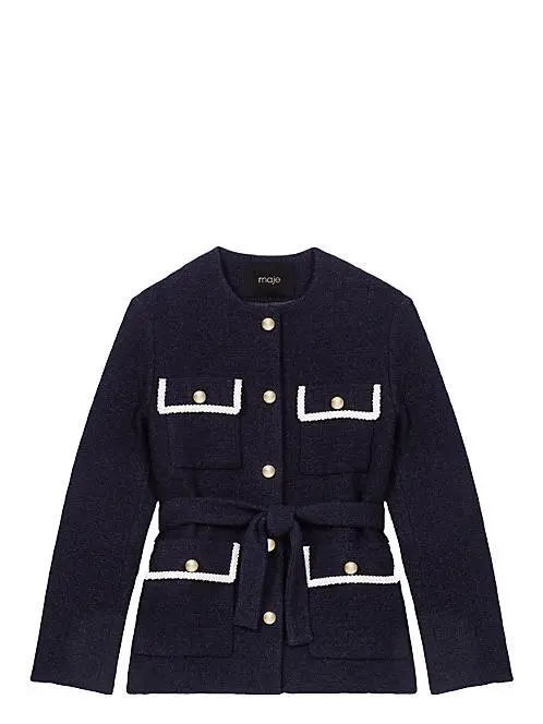 Maje Belted Patch-pocket Stretch-tweed Jacket - Navy