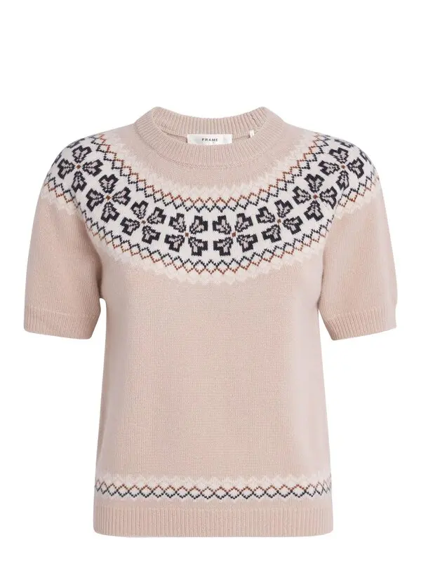 FRAME Cashmere Fair Isle Short Sleeve Sweater - Pink