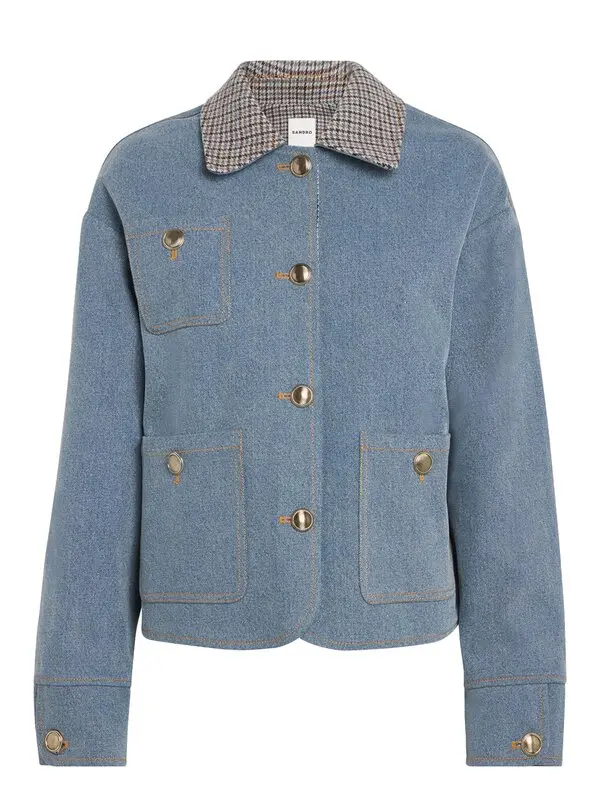 Sandro Denim Jacket With Check Trim - Blue