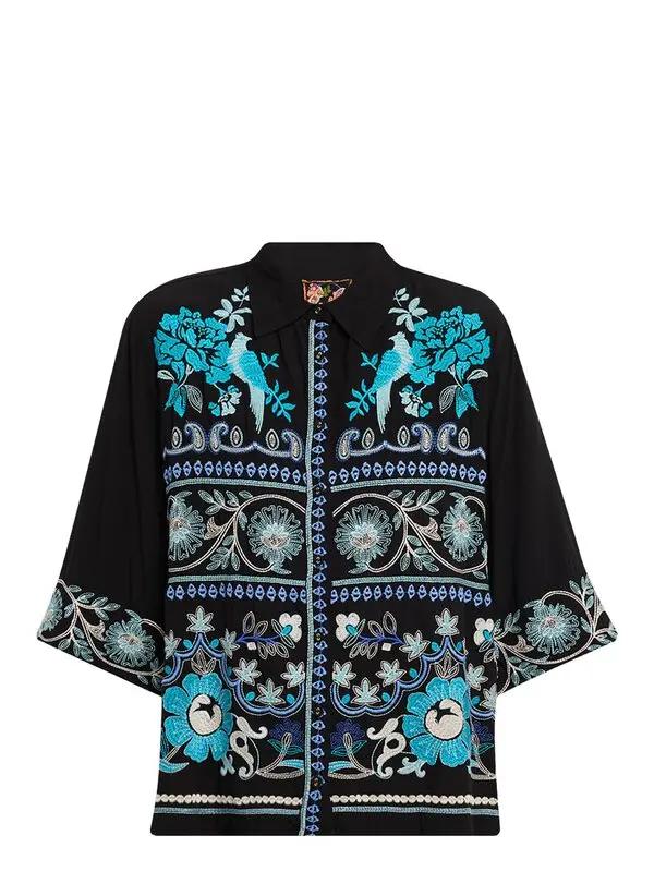 Johnny Was Embroidered Kimono-sleeve Shirt - Black