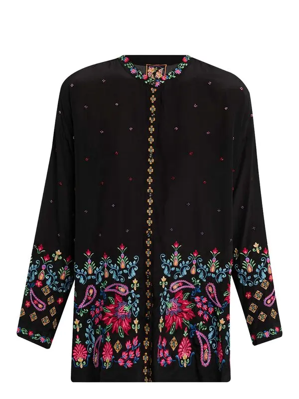 Johnny Was Audrey Paisley-embroidered Silk Shirt - Black