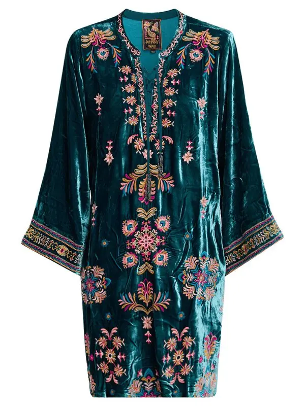 Johnny Was Embroidered Velvet Mini Dress - Peacock