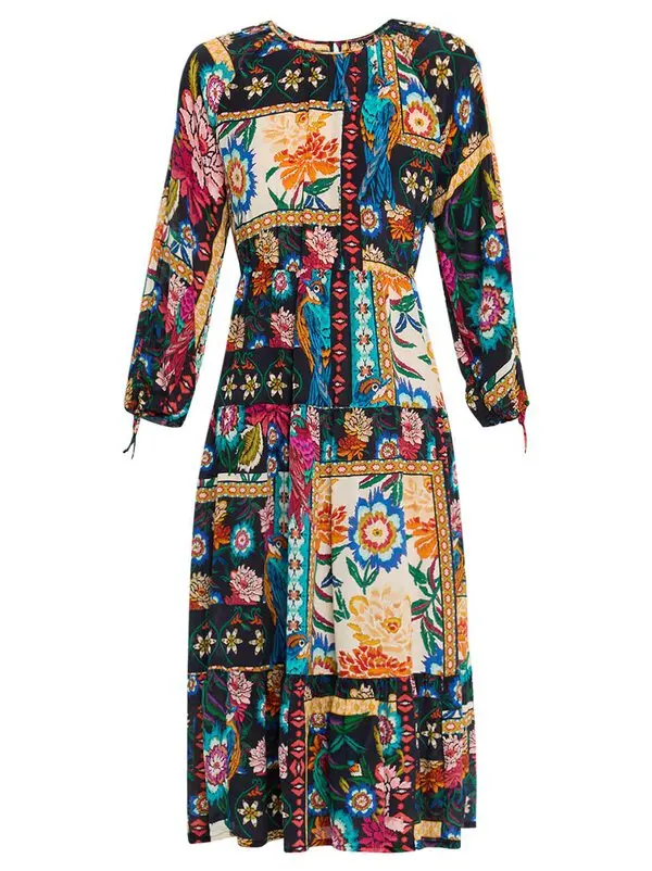 Johnny Was Brona Tiered Floral-print Silk Midi Dress - Eirene