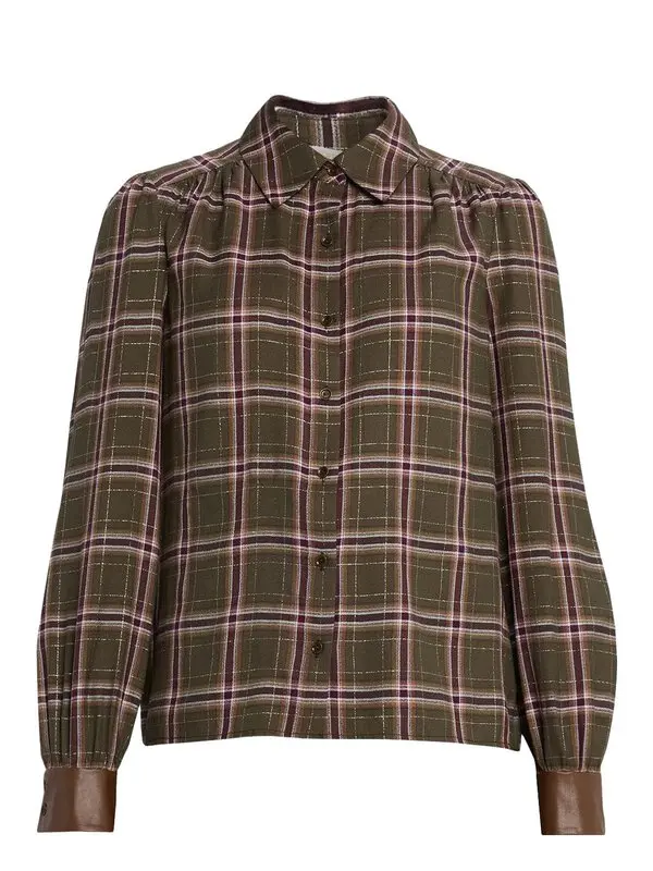 Ramy Brook Jeremy Metallic Plaid Blouse - Deep Olive