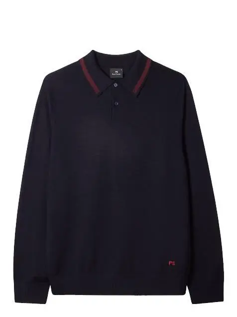 Paul Smith Navy Merino Wool Knitted Polo Shirt - Blue