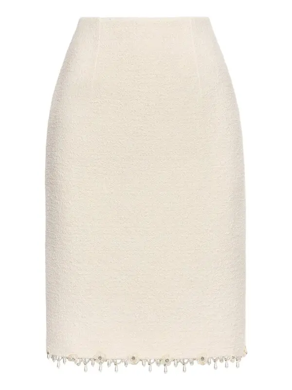 Oscar De La Renta Floral Jeweled Fringe Tweed Skirt - White