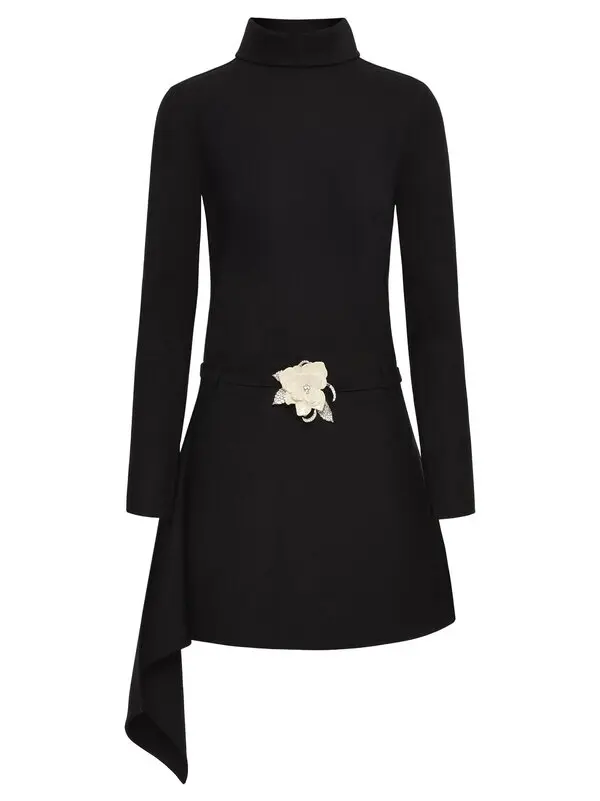 Oscar De La Renta Floral Belt Mock-neck Dress - Black