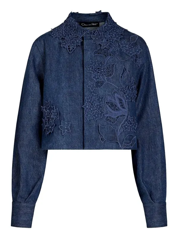 Oscar De La Renta Porcelain Flower Cutout Denim Jacket - One-color