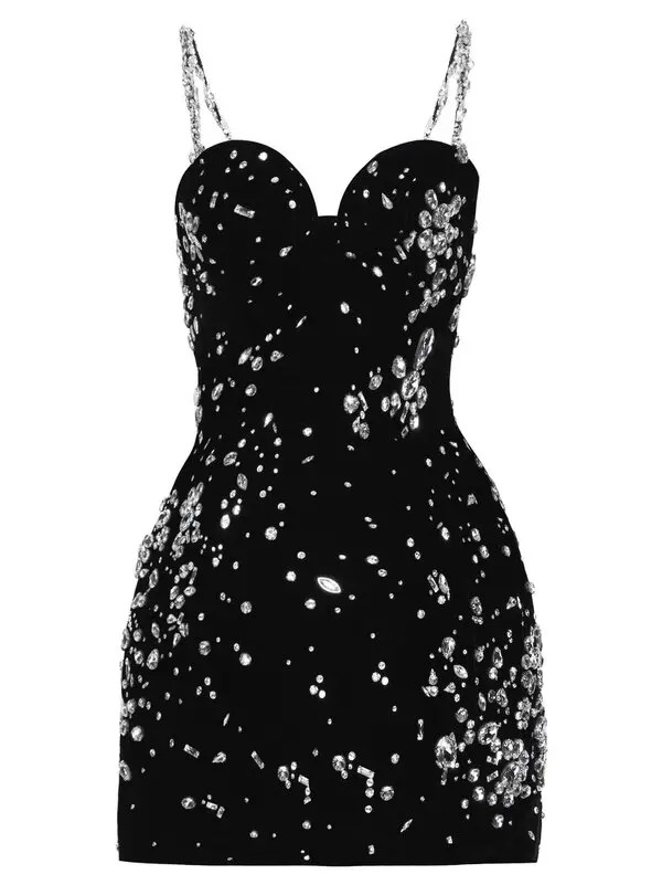 Oscar De La Renta Crystal Cluster Embroidered Mini Dress - Black