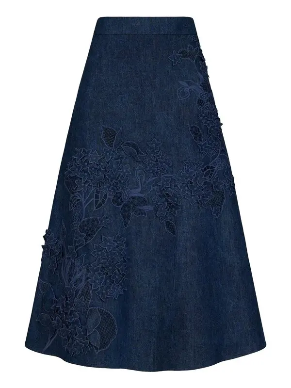 Oscar De La Renta Porcelain Flower Cutout Denim A-line Skirt - One-color