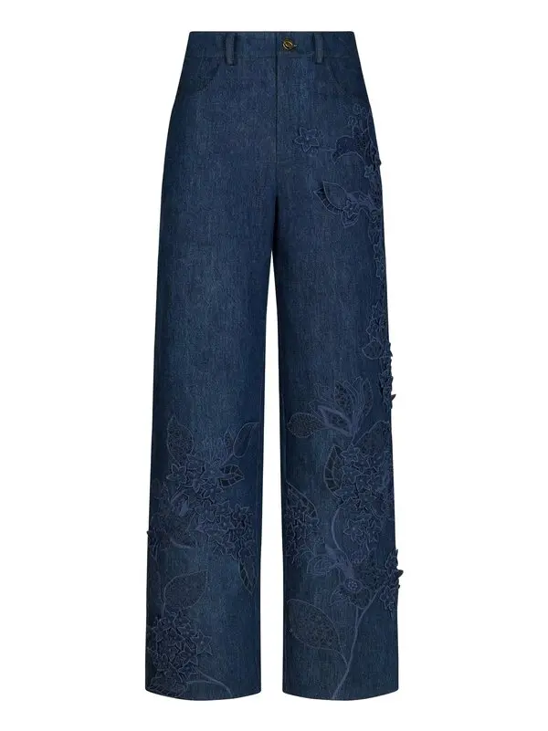 Oscar De La Renta Floral Embroidered Denim Pants - One-color