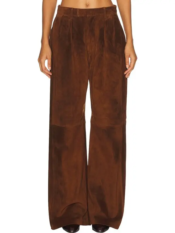 R13 Pleated Wide Leg Leather Pant - Brown Suede