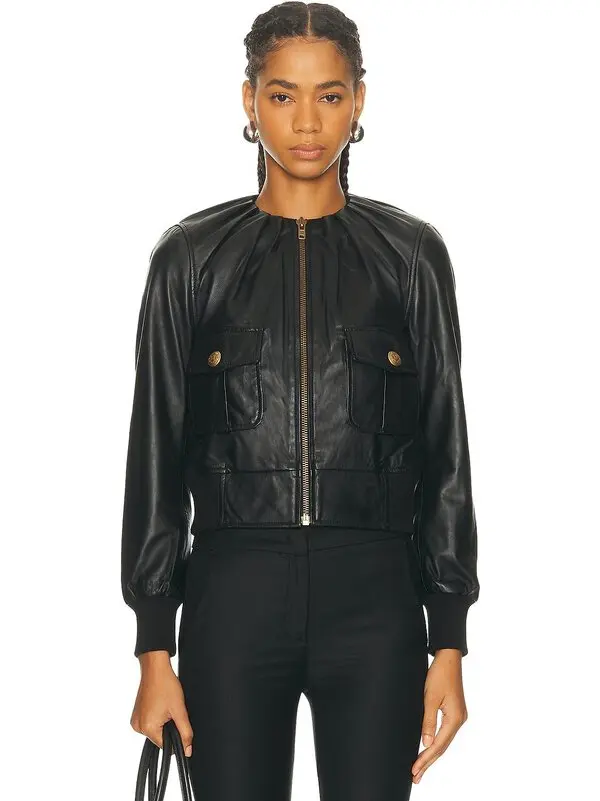 R13 Pleated Neck Leather Jacket - Black