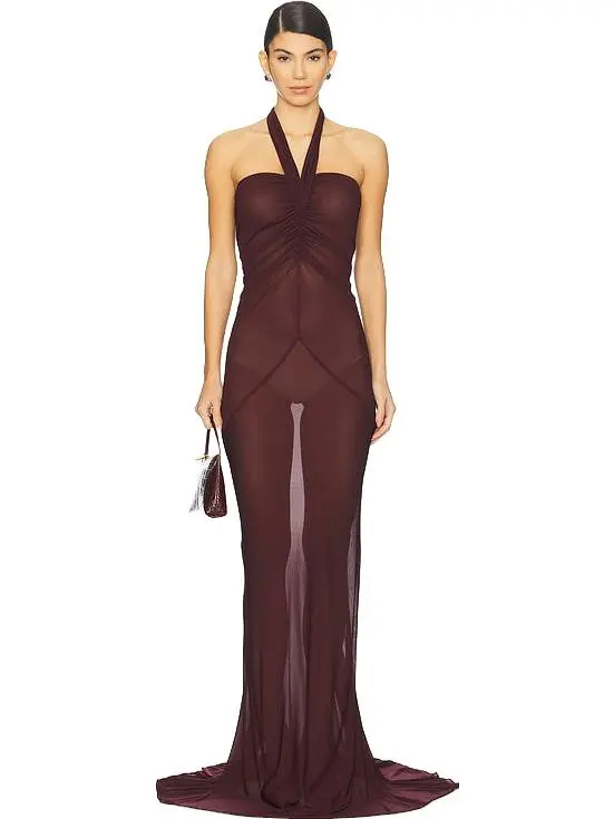 Atlein Halter Neck Ruched Gown - Burgundy