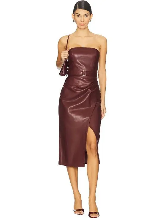 KARINA GRIMALDI Samantha Strapless Faux Leather Midi Dress - Malbec