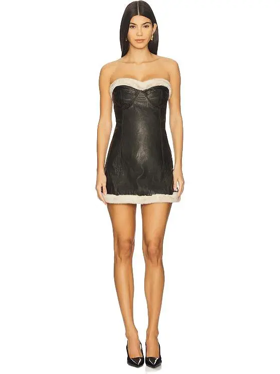 OW Kendra Mini Dress With Faux Fur Trim - Distressed Black