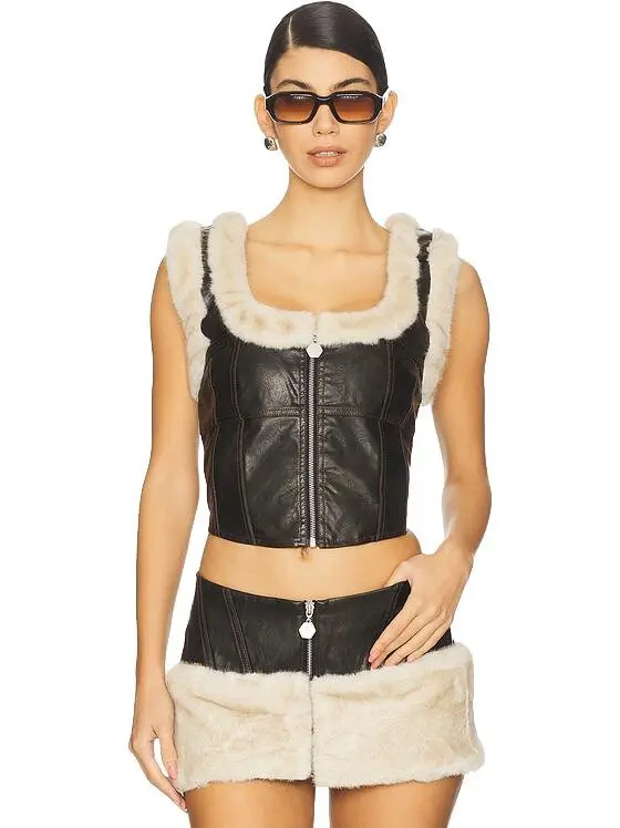 OW Kendra Top With Faux Fur Trim - Distressed Black