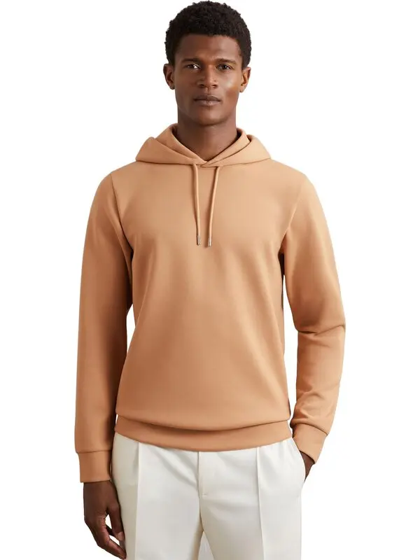 REISS Fabien Interlock Jersey Drawstring Hoodie - Light Camel Brown
