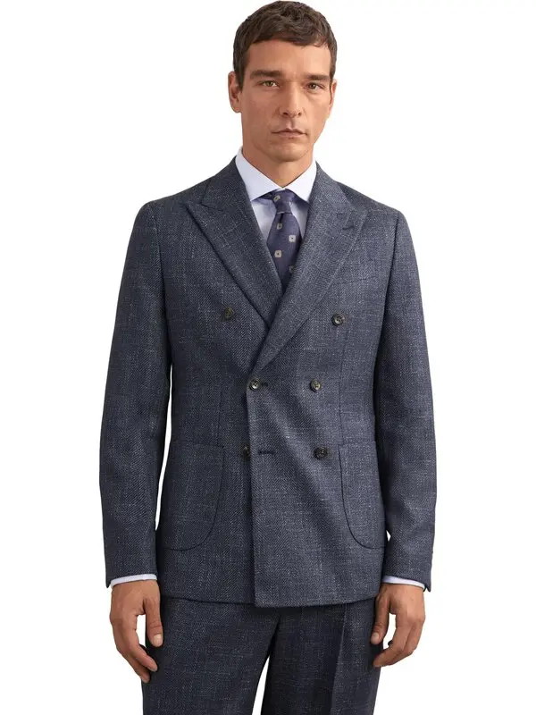 REISS Pinto Double-breasted Herringbone Blazer Tailored-fit Wool-blend - Navy