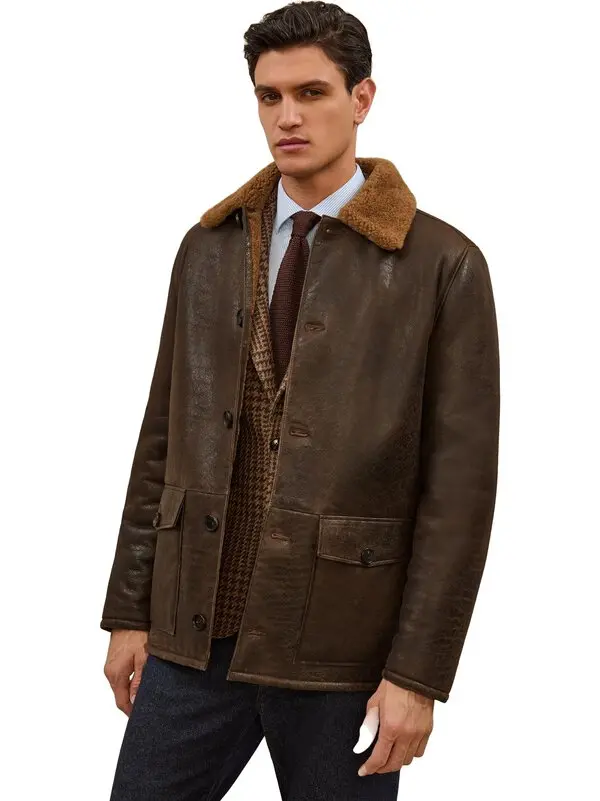 REISS Halfield Atelier Shearling Leather Jacket - Brown