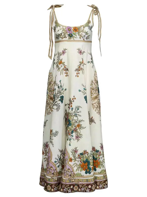 ALEMAIS Floral Tie-strap Midi Dress - White