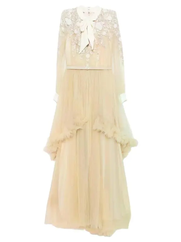 SAIID KOBEISY Embroidered Velvet Gown - Neutrals