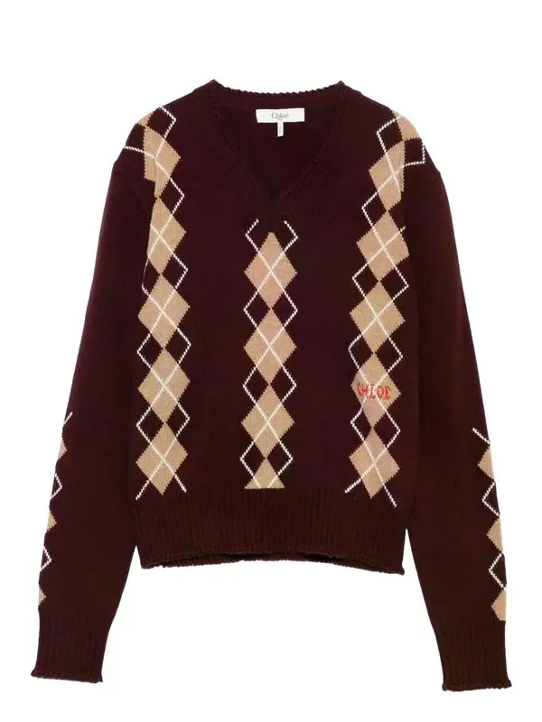 Chloé V-neck Argyle Knit Jumper - Red