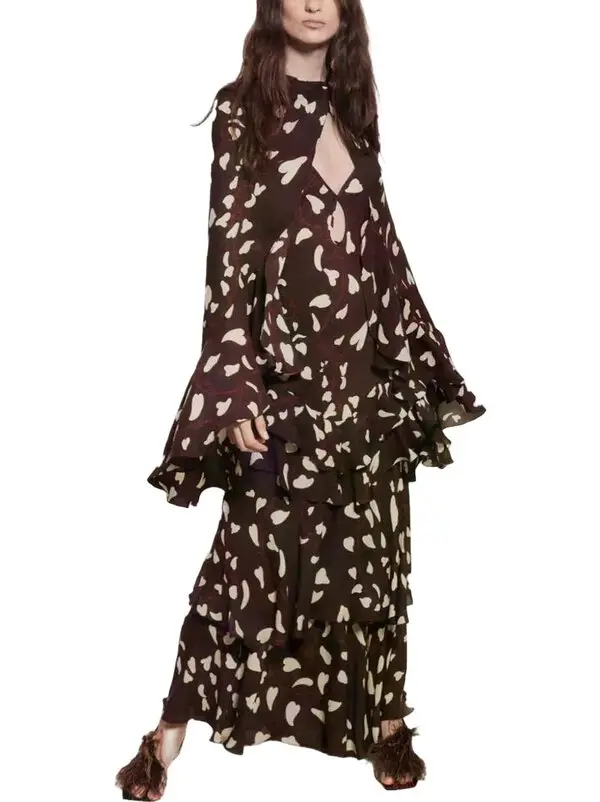 Johanna Ortiz Printed Ruffled Silk Coat - Brown