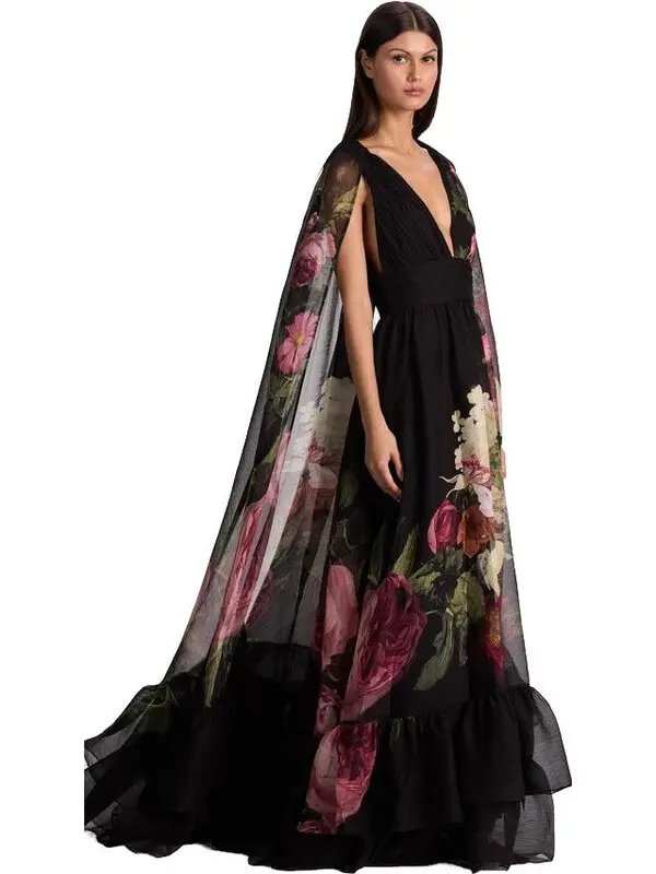 Alice + Olivia Roya Maxi Gown With Detachable Cape - Natural