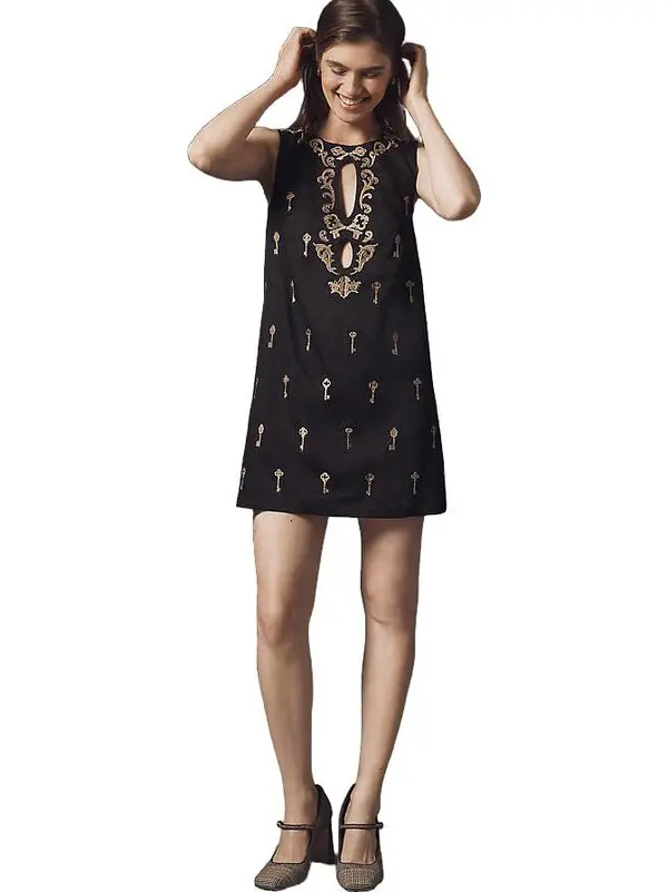 Maeve Sleeveless Embroidered Cutout Mini Dress - Black