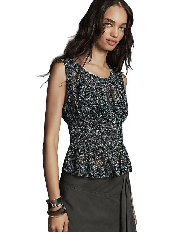 Anthropologie Smocked Chiffon Tank Top - Green Floral